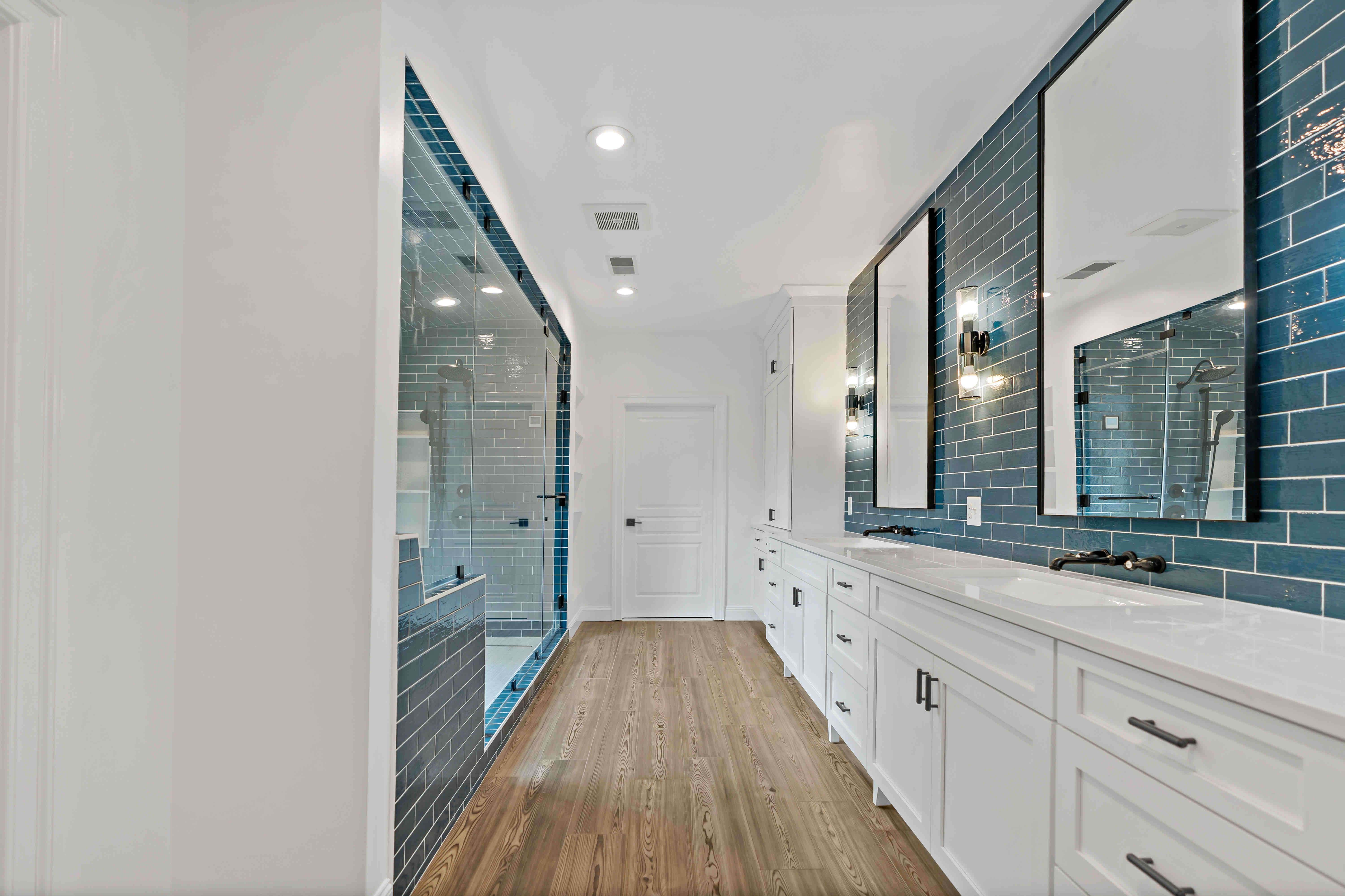Stunning Blue Tile, Shower Bench, and Steam Shower Functionality ...