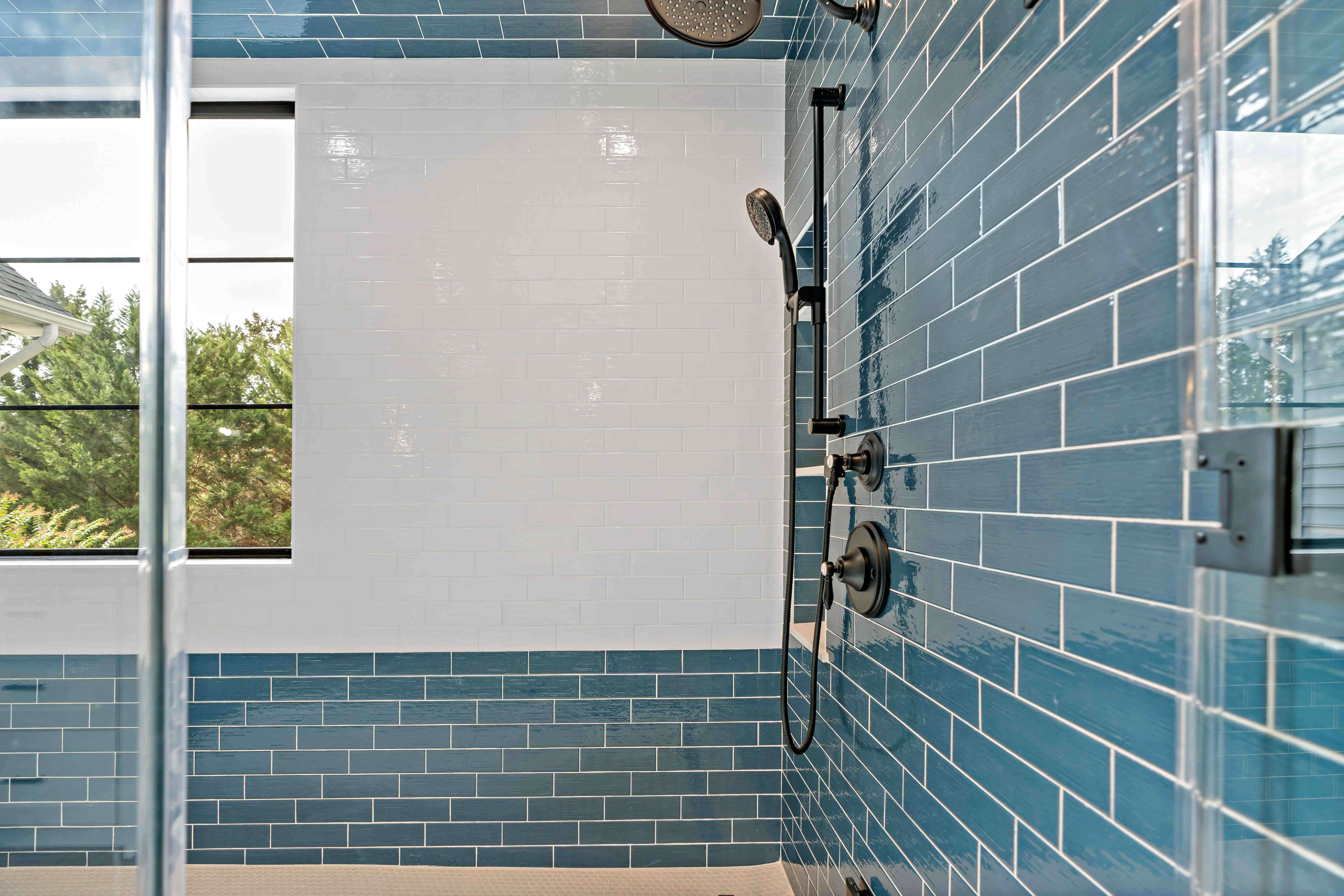 Stunning Blue Tile, Shower Bench, and Steam Shower Functionality ...