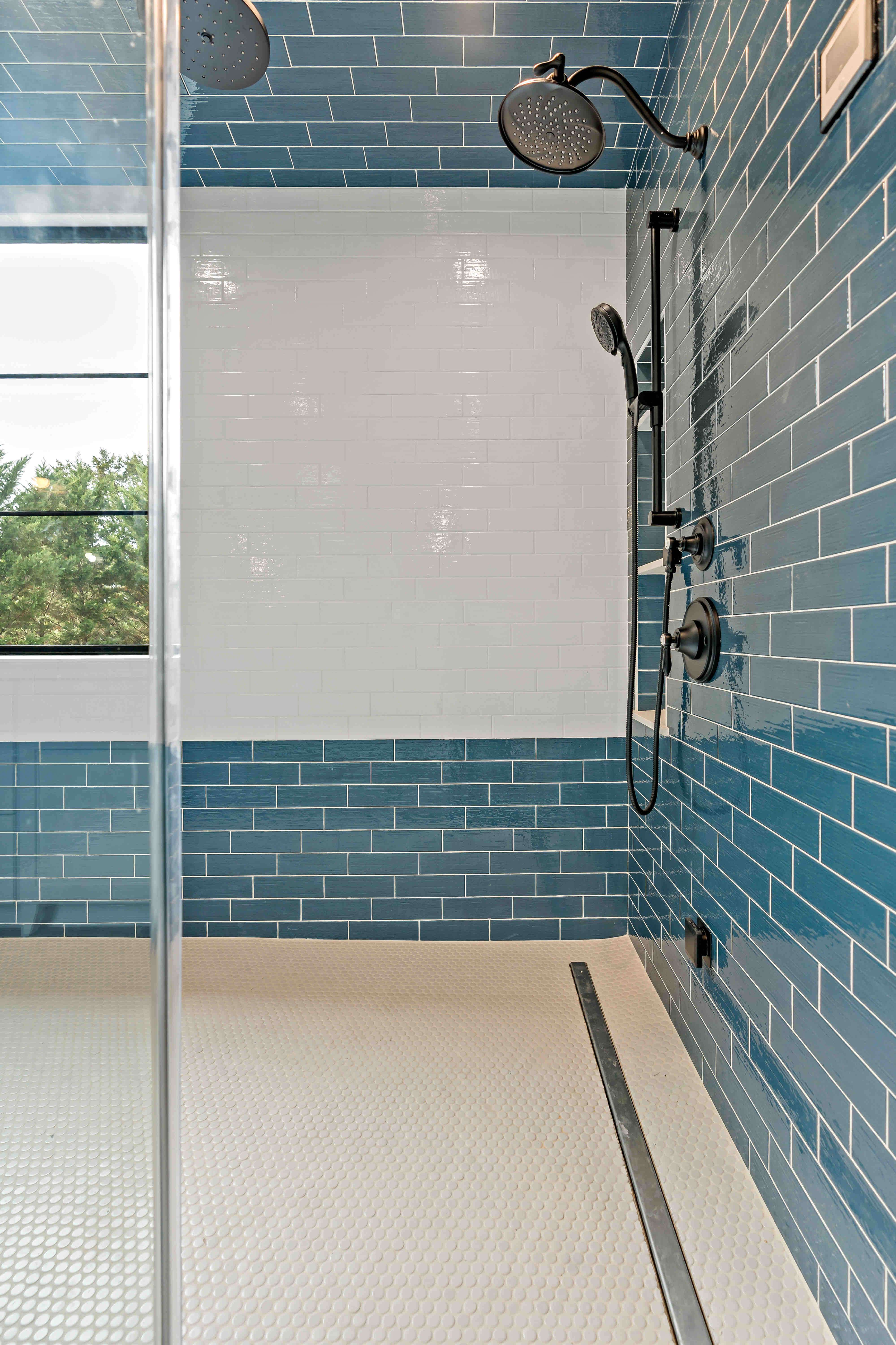 Stunning Blue Tile, Shower Bench, and Steam Shower Functionality ...