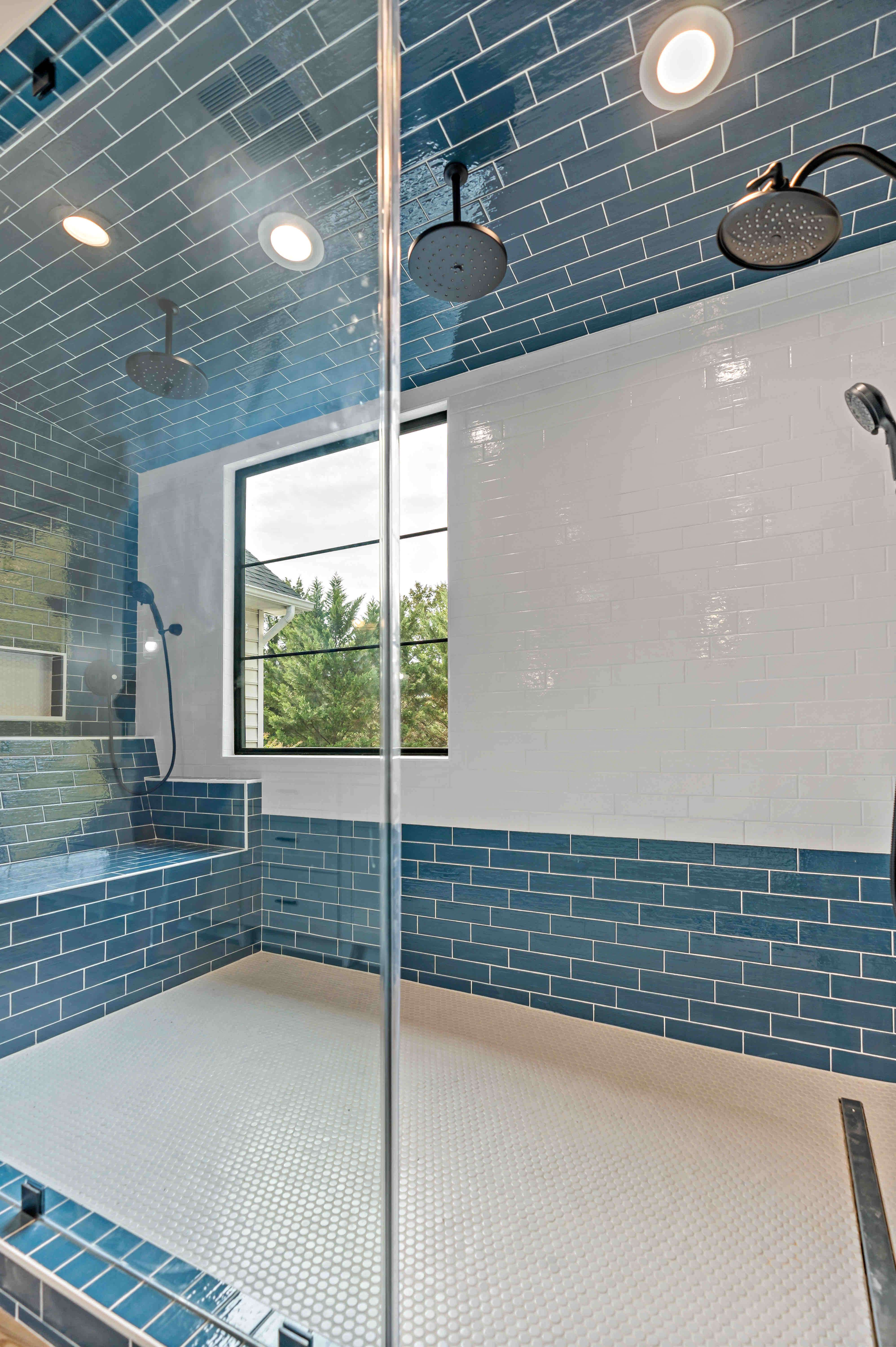 Stunning Blue Tile, Shower Bench, and Steam Shower Functionality ...