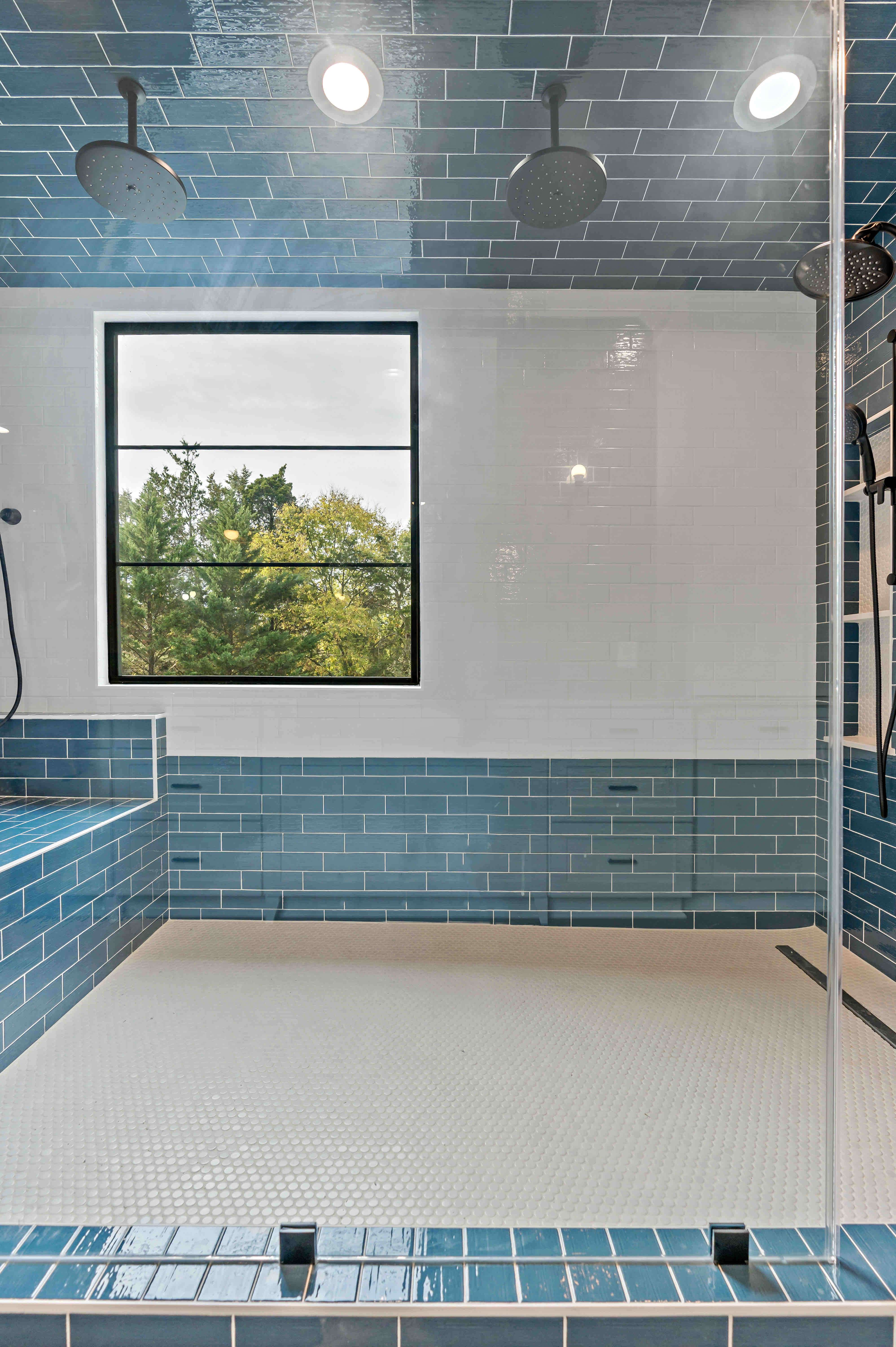 Stunning Blue Tile, Shower Bench, and Steam Shower Functionality ...