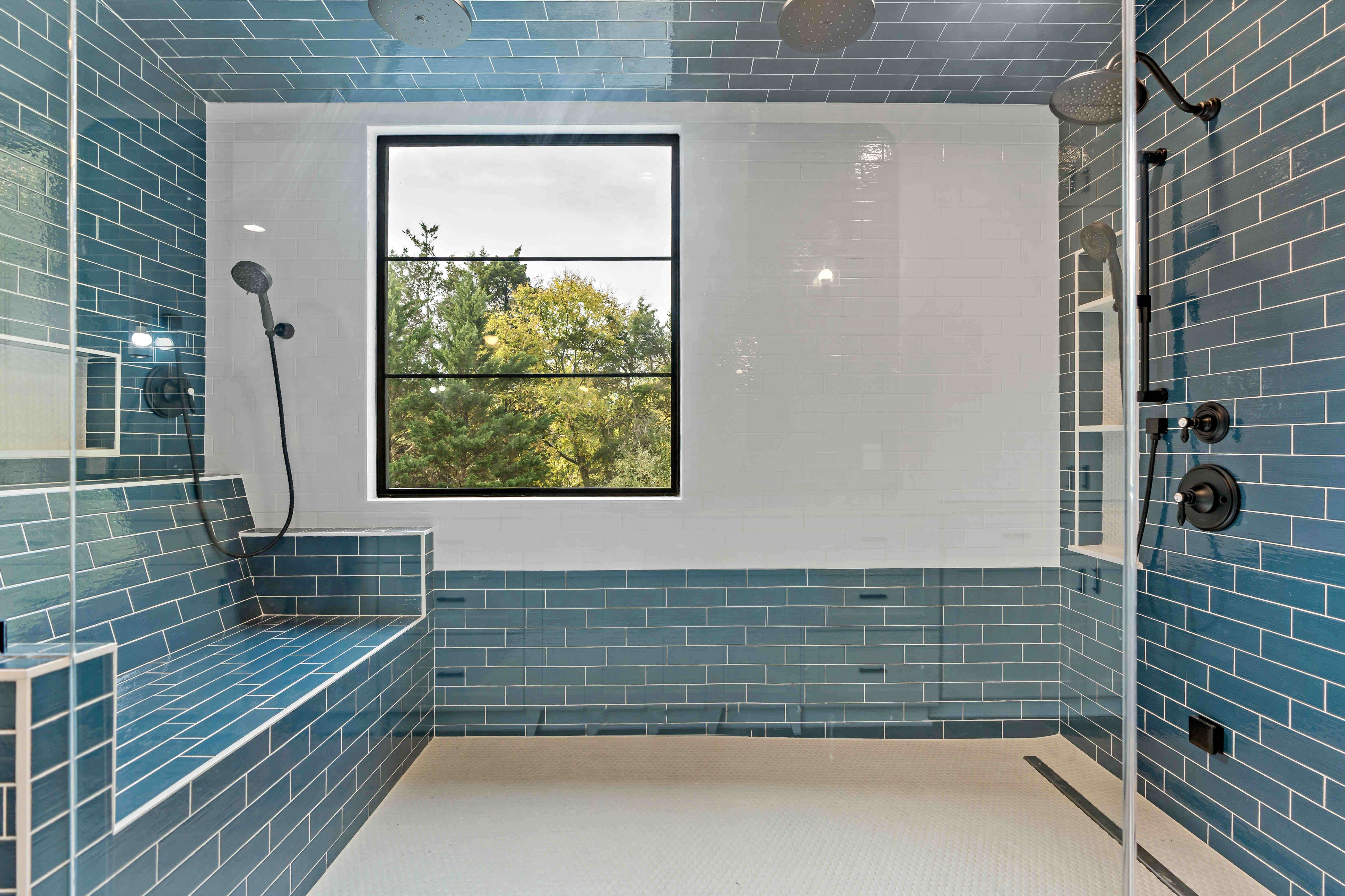 Stunning Blue Tile, Shower Bench, and Steam Shower Functionality ...
